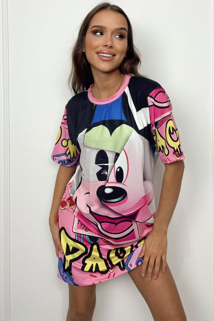 Rochie Scurta Oversize cu imprimeu desene animate Despina Roz - Iuliashop