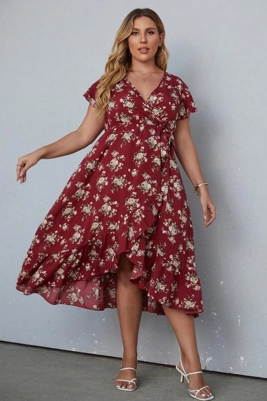 Rochie Midi Orlidia Grena cu flori Albe - Marimi Mari - Iuliashop