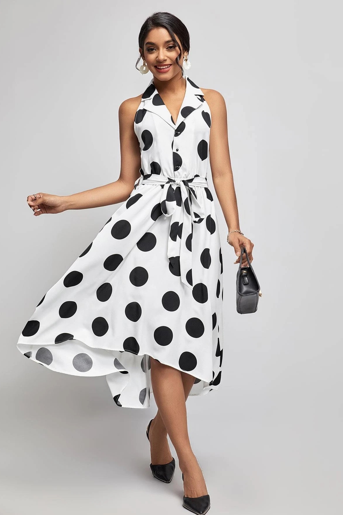 Rochie Midi Liberty Alba cu Buline Negre - Iuliashop