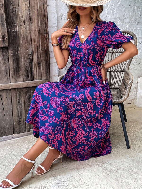 Rochie Midi Sebine Albastra cu Print Floral Mov - Iuliashop