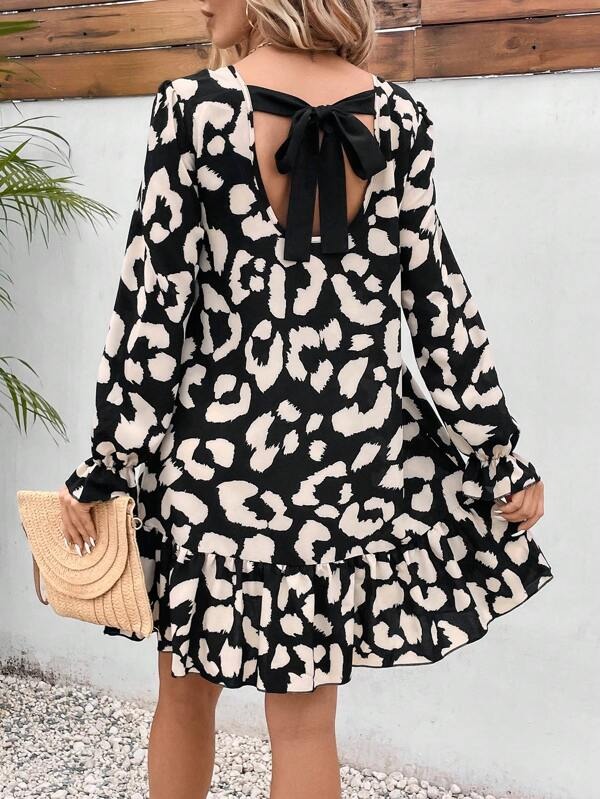 Rochie Scurta Adessa Neagra cu Model Leopard Alb - Iuliashop