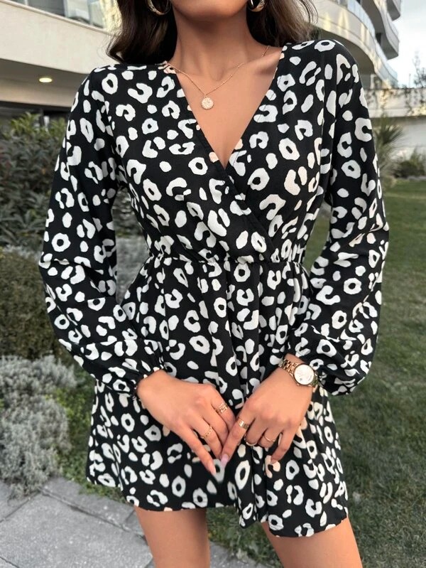 Rochie Scurta Brenda Neagra cu Model Leopard Alb - Iuliashop