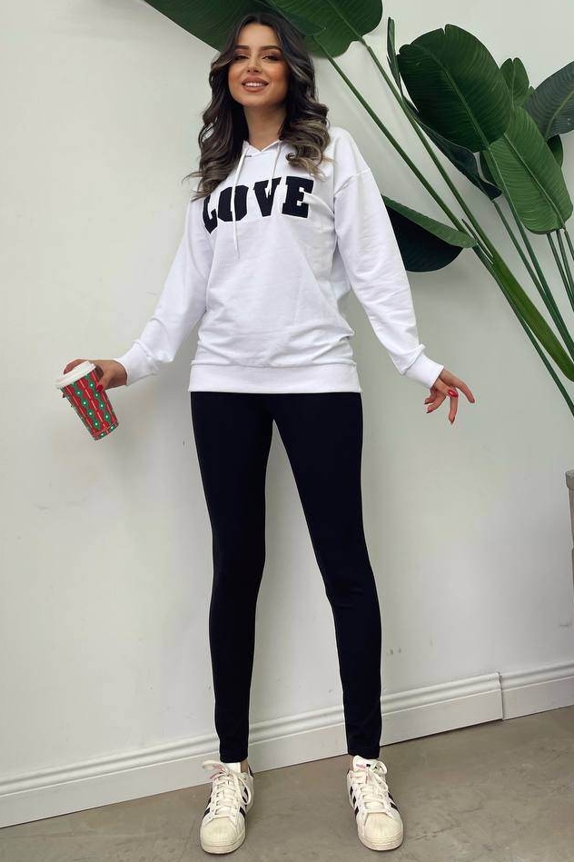 Compleu Dama Bumbac format din pantalon si Hanorac Dalima Alb cu Negru ...