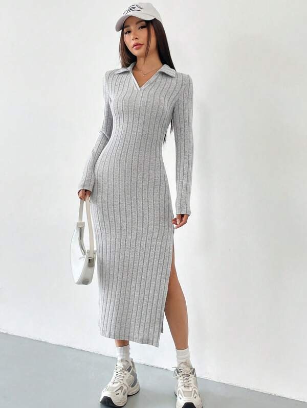 Rochie Lunga Adison Gri cu Dungi In Relief - Iuliashop