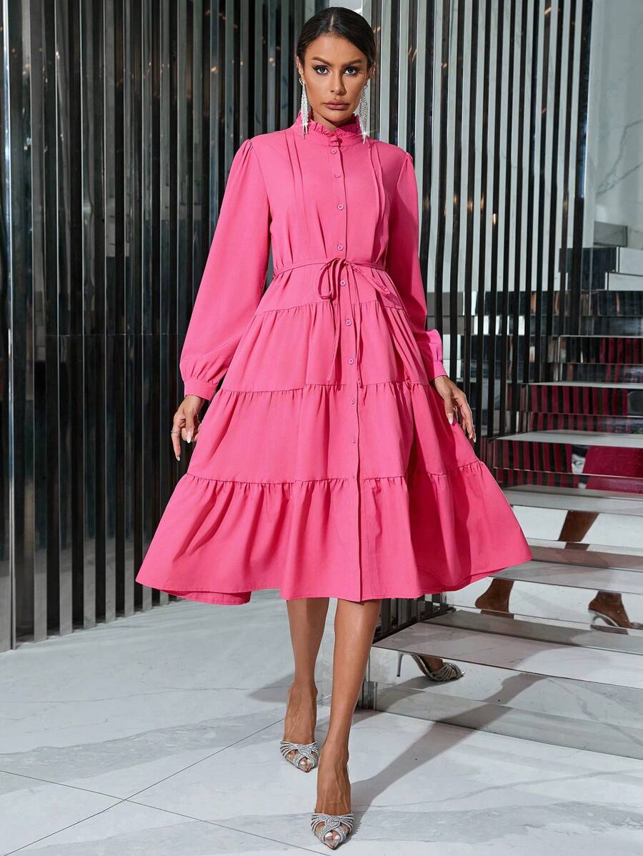 Rochie Midi Mavis Roz Cu Nasturi - Iuliashop