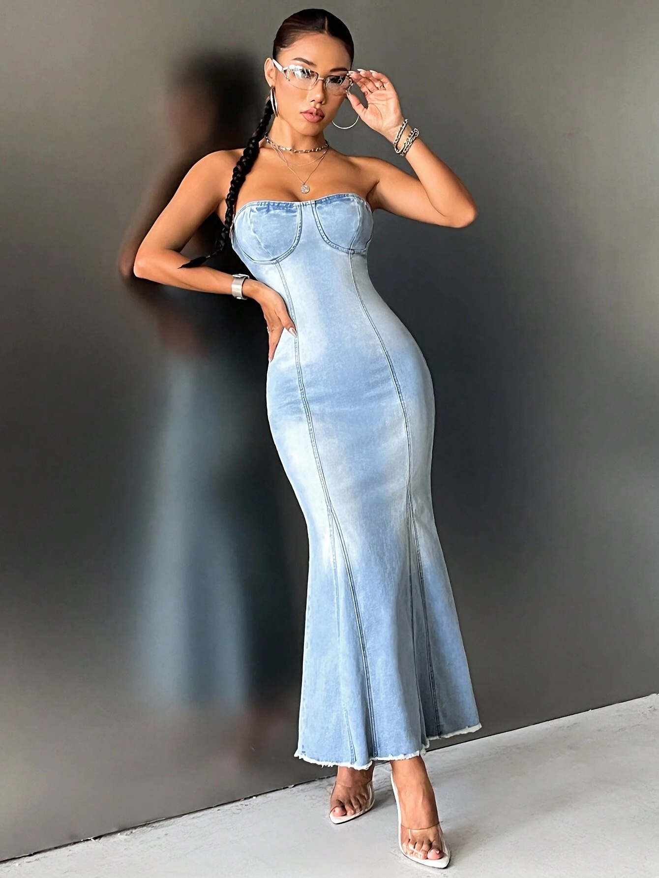 Rochie Lunga Augustela Din Denim Cu Spatele Gol - Iuliashop