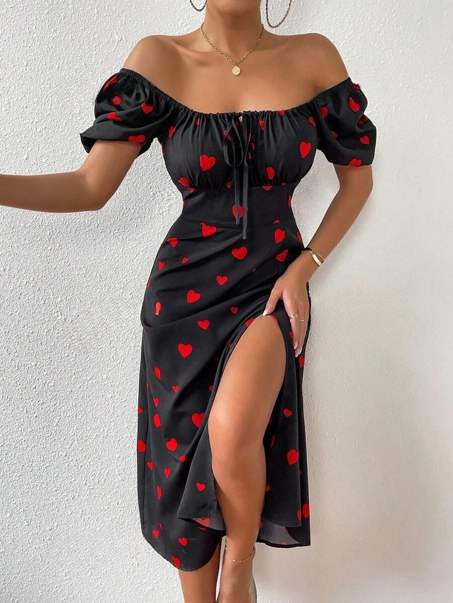 Rochie Midi Adde Neagra Cu Inimioare Rosii - Iuliashop