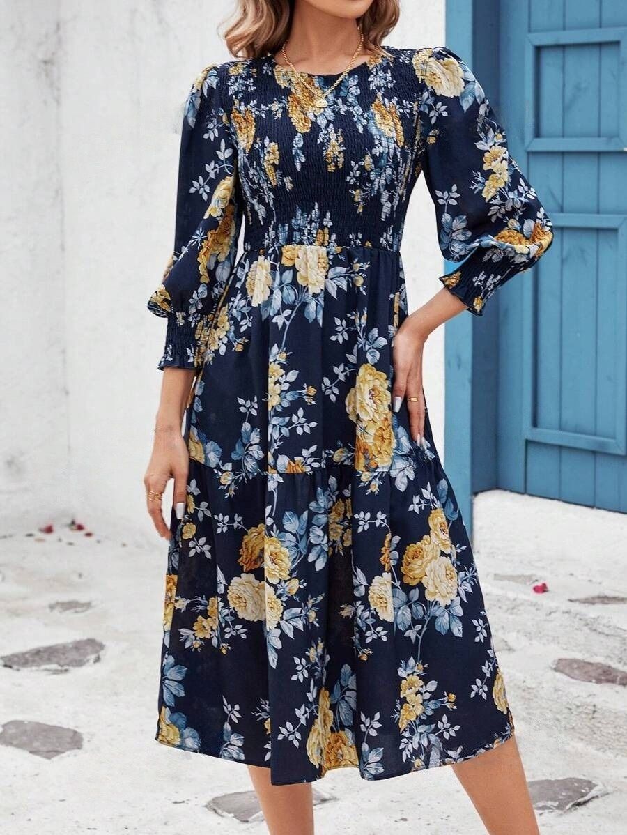Rochie Midi Jojo Bleumarin Inflorata - Iuliashop