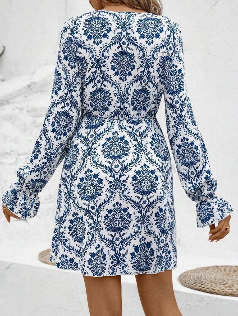 Rochie Scurta Raymond Alba cu Print Albastru - Iuliashop