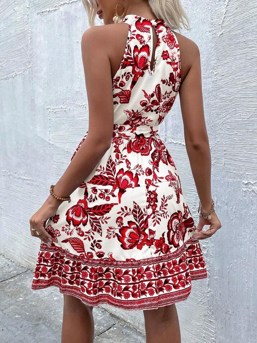 Rochie Scurta Zabina Alba Cu Model Floral Rosu - Iuliashop