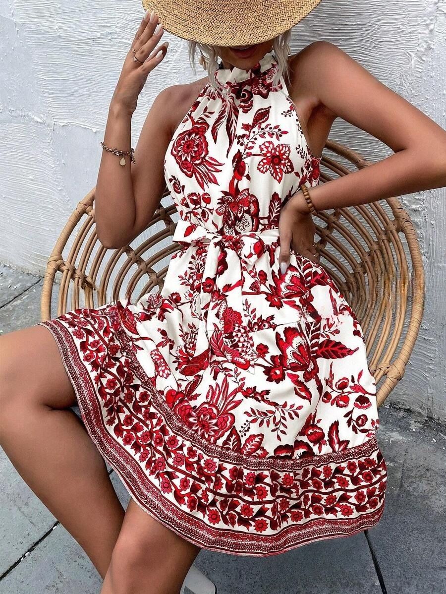Rochie Scurta Zabina Alba Cu Model Floral Rosu - Iuliashop
