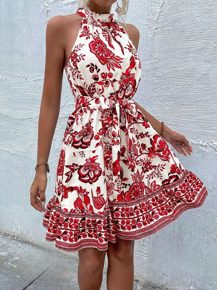 Rochie Scurta Zabina Alba Cu Model Floral Rosu - Iuliashop