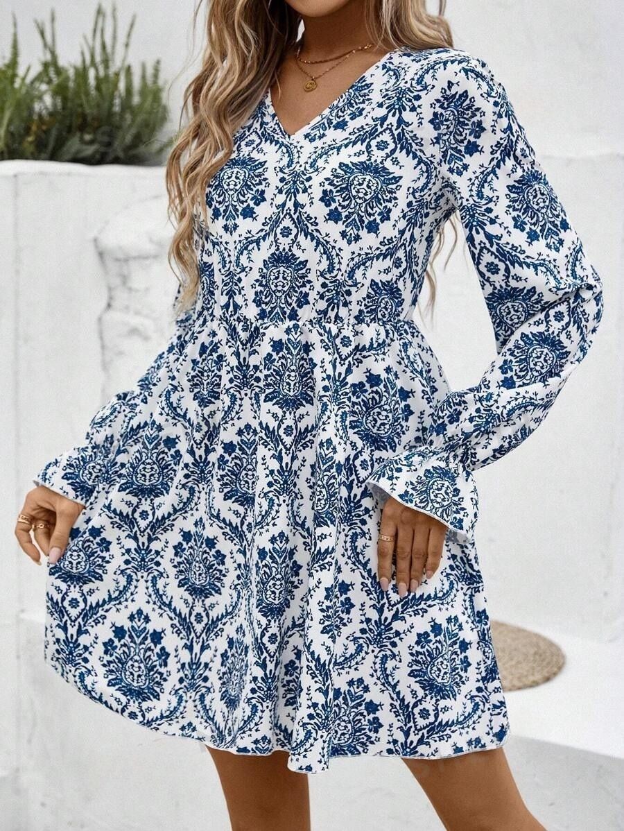 Rochie Scurta Raymond Alba cu Print Albastru - Iuliashop