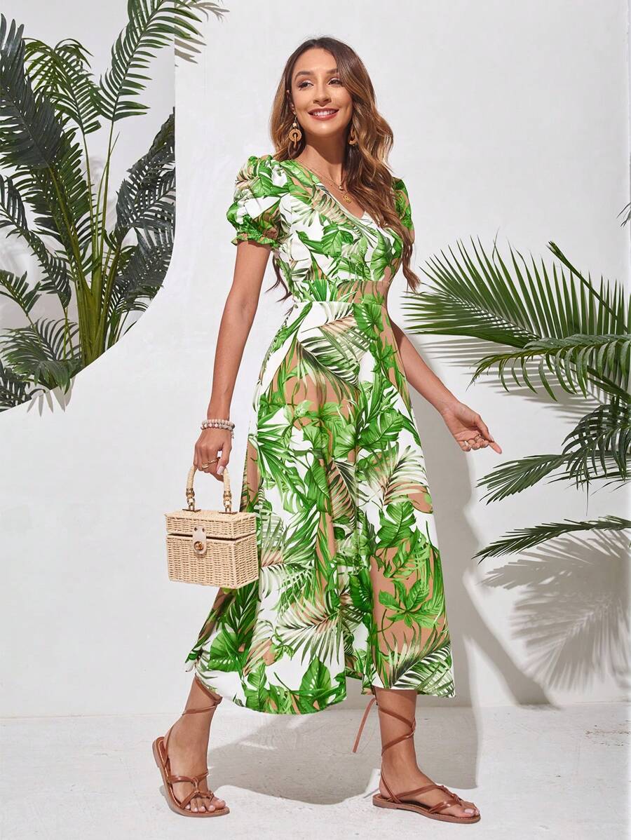 Rochie Lunga Cayra Alba Cu Model Cu Frunze Verzi - Iuliashop