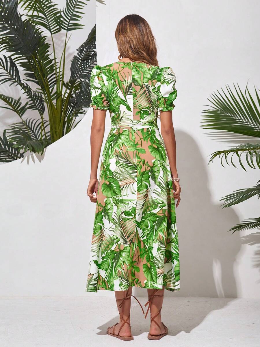 Rochie Lunga Cayra Alba Cu Model Cu Frunze Verzi - Iuliashop