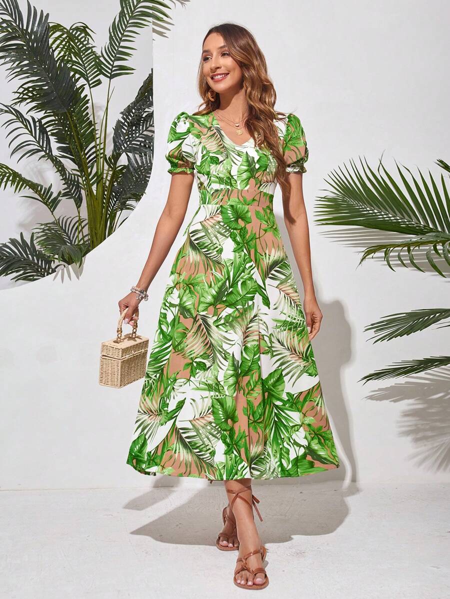 Rochie Lunga Cayra Alba Cu Model Cu Frunze Verzi - Iuliashop
