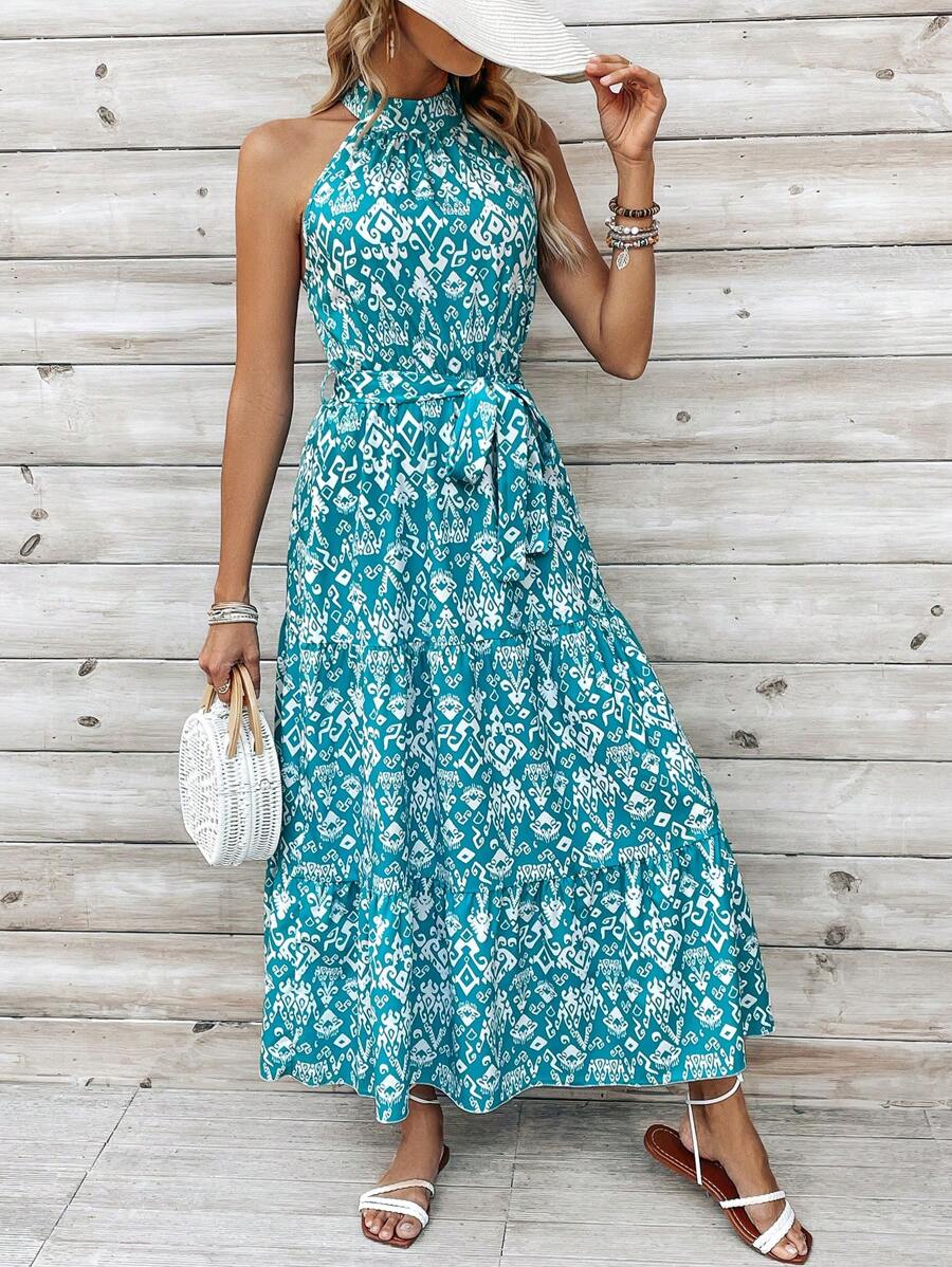 Rochie Lunga Adam Bleu Cu Model Floral Alb - Iuliashop