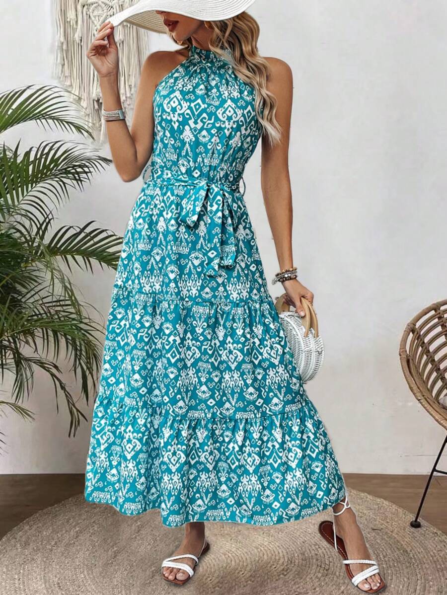 Rochie Lunga Adam Bleu Cu Model Floral Alb - Iuliashop