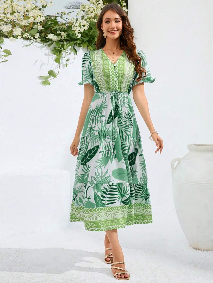 Rochie Lunga Anfisa Alba Cu Model Cu Frunze Verzi - Iuliashop