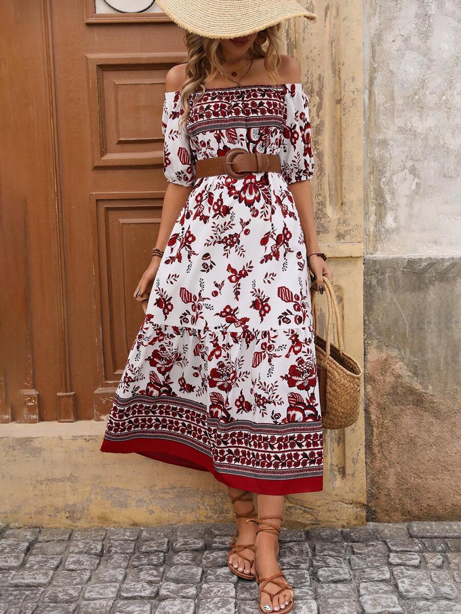 Rochie Lunga Lisen Alba Cu Model Floral Rosu - Iuliashop