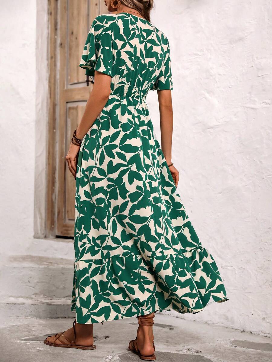 Rochie Dazil Alba Cu Model Cu Frunze Verzi - Iuliashop