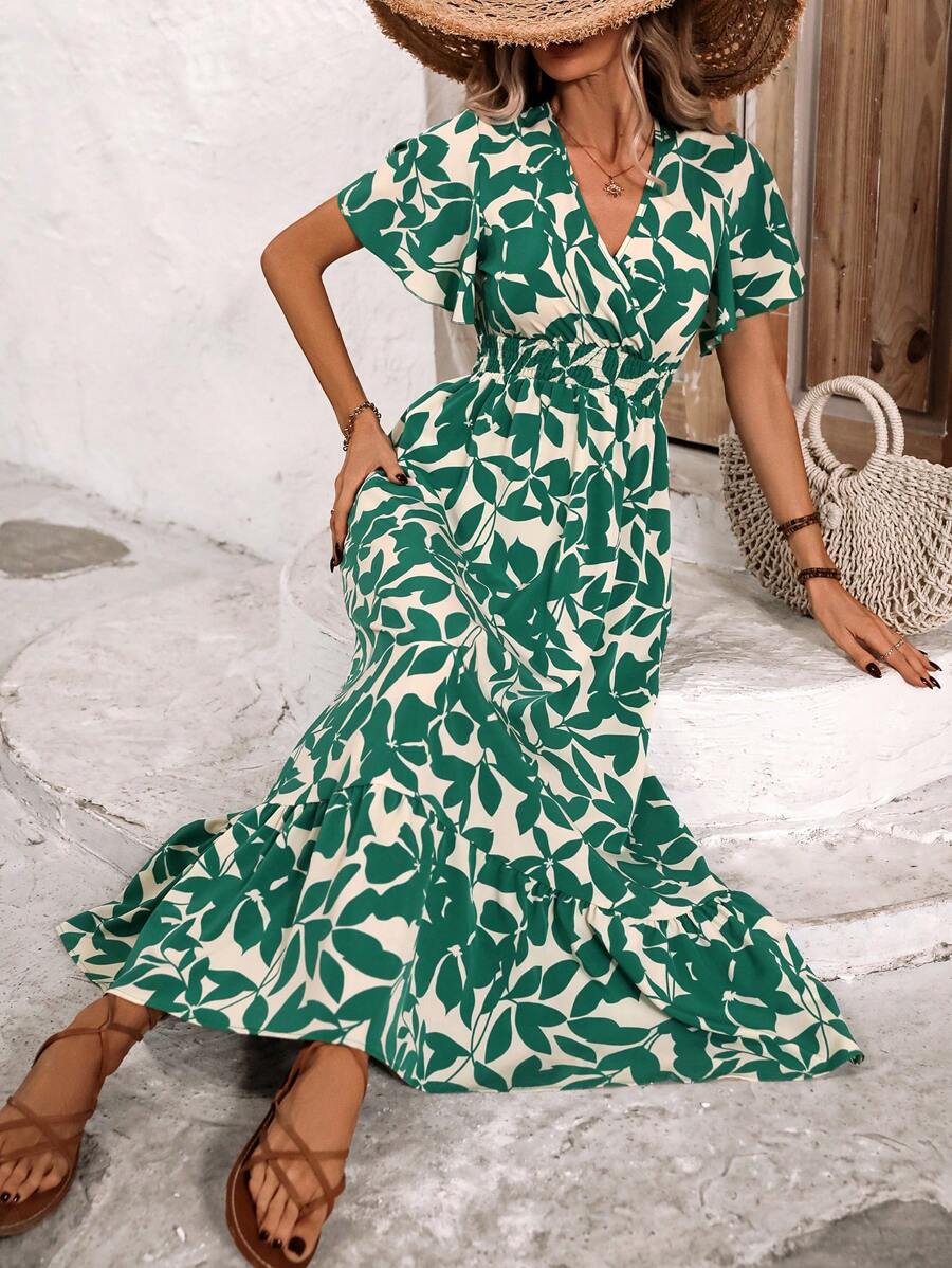Rochie Dazil Alba Cu Model Cu Frunze Verzi - Iuliashop