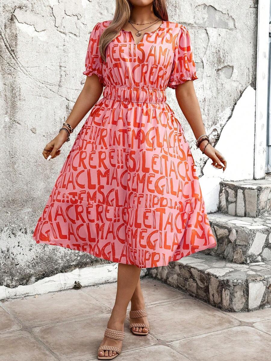Rochie Midi Lidia Portocalie Cu Scris Rosu - Marimi Mari - Iuliashop