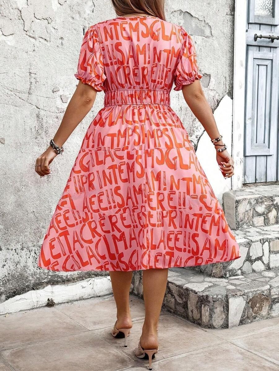 Rochie Midi Lidia Portocalie Cu Scris Rosu - Marimi Mari - Iuliashop