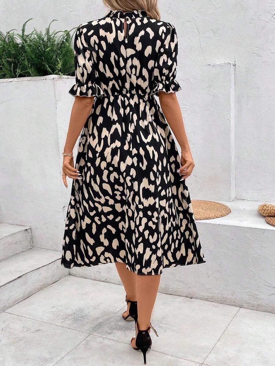 Rochie Midi Sylvie Neagra Cu Model Leopard Alb - Iuliashop