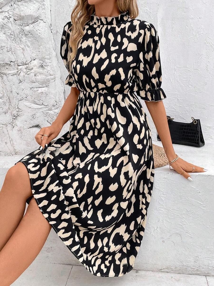 Rochie Midi Sylvie Neagra Cu Model Leopard Alb - Iuliashop