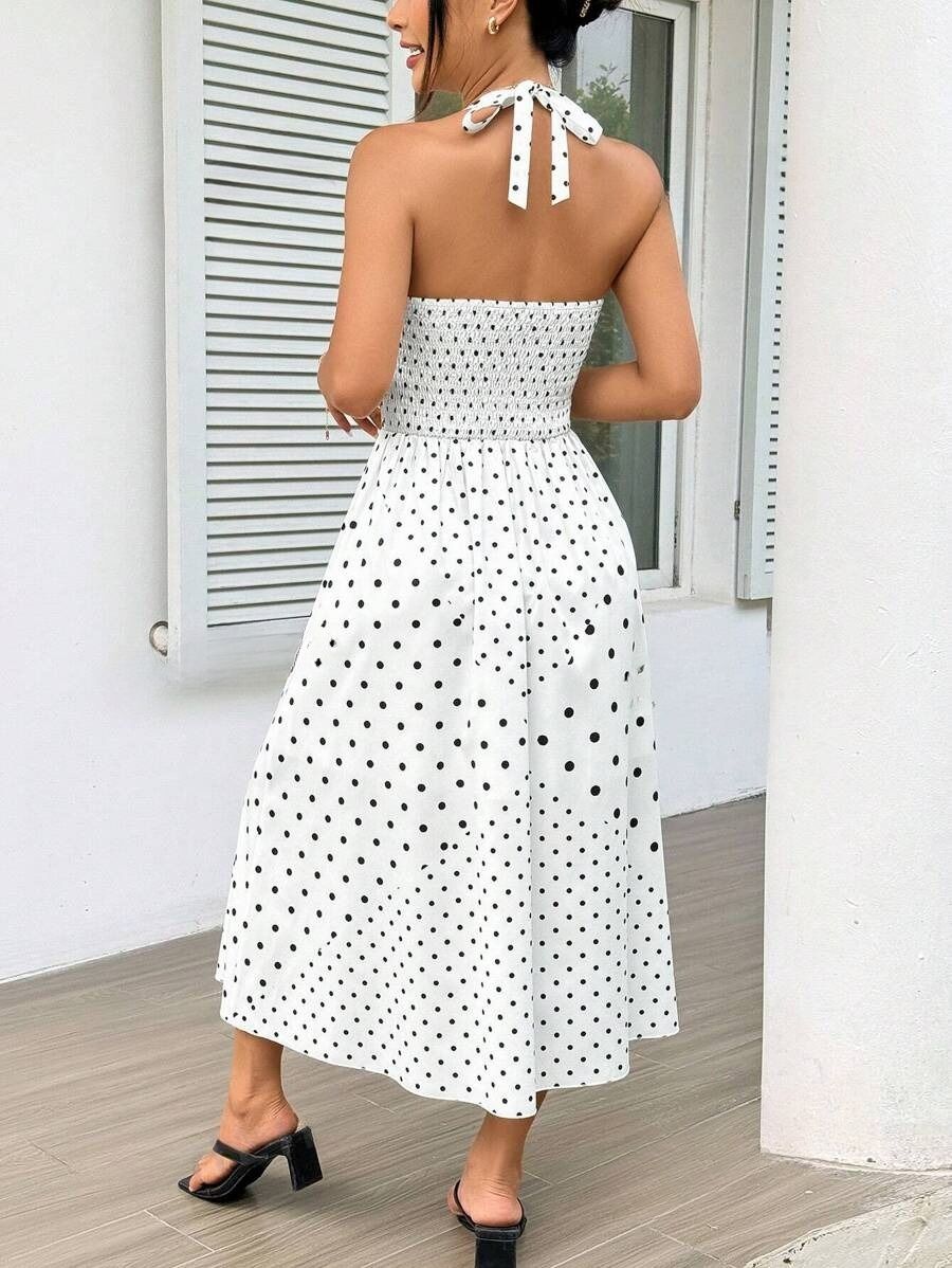 Rochie Lunga Josefa Alba Cu Buline Negre - Iuliashop