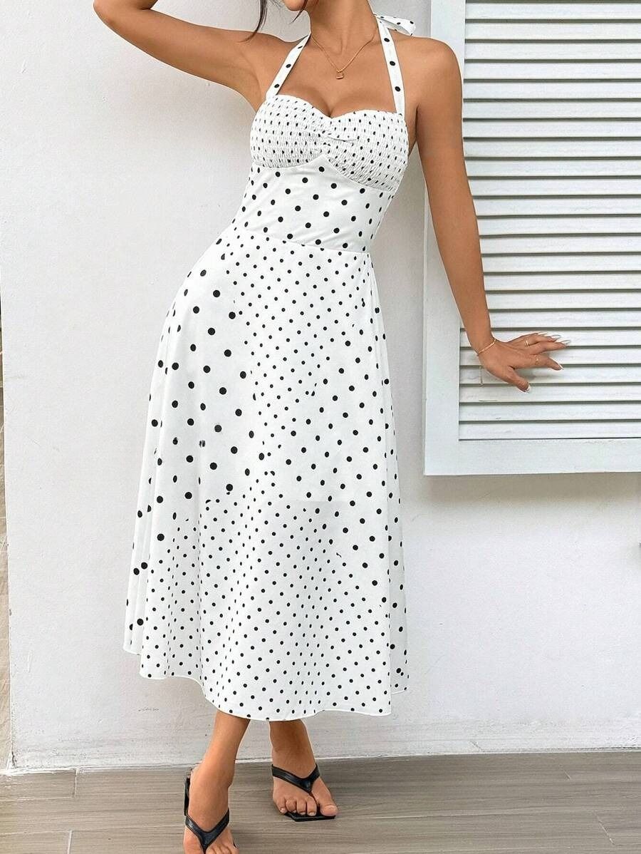 Rochie Lunga Josefa Alba Cu Buline Negre - Iuliashop