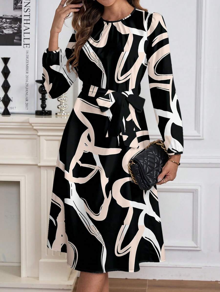 Rochie Midi Moira Neagra cu Print Alb - Iuliashop