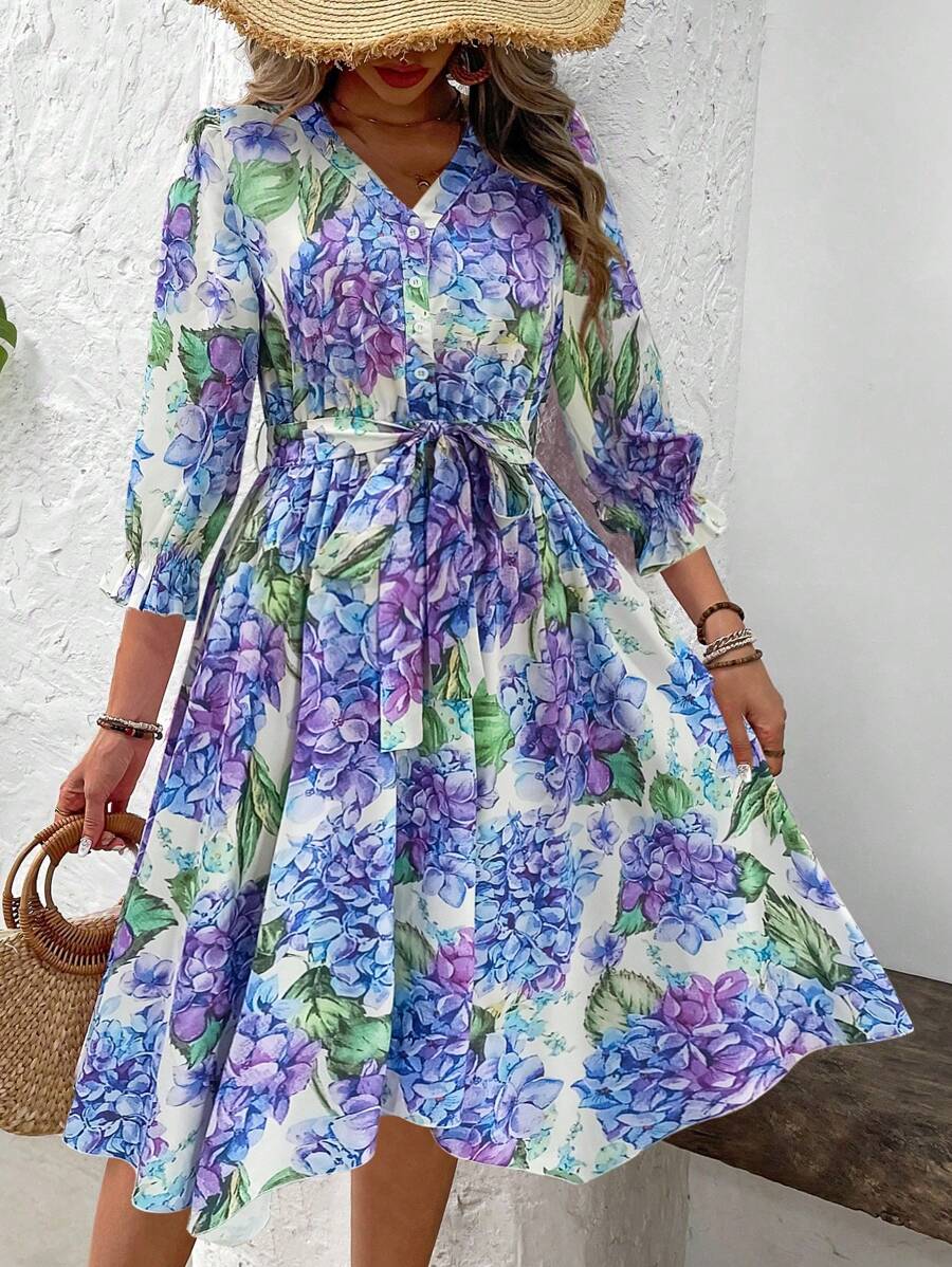 Rochie Scurta Dea Alba cu Print Floral Mov - Iuliashop