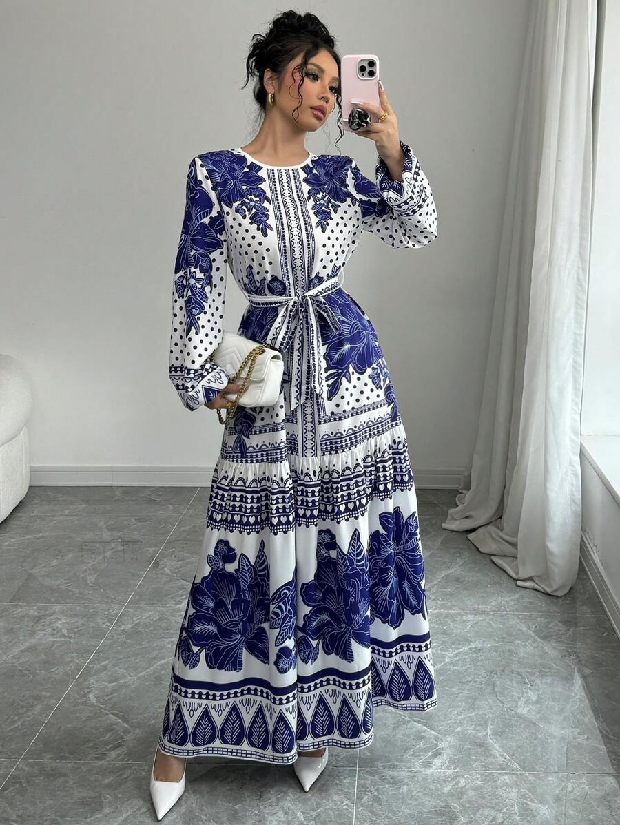Rochie Lunga Mirya Alba cu Print Albastru - Iuliashop
