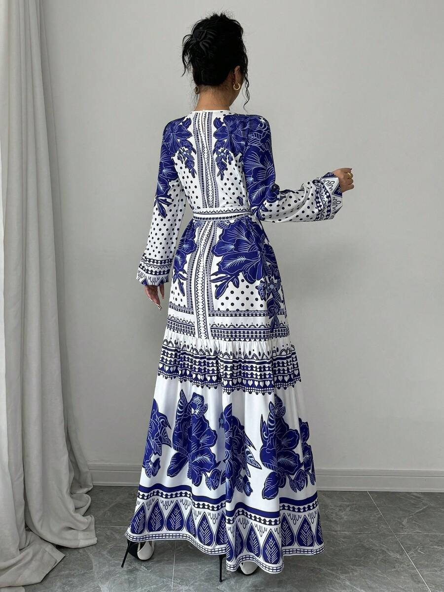 Rochie Lunga Mirya Alba cu Print Albastru - Iuliashop